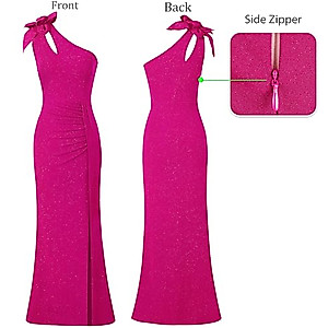 VFSHOW Womens 3D Flower One Shoulder Formal Wedding Guest Prom Maxi Dress 2023 Sexy Cocktail Evening High Slit Cutout Ruched Sparkly Glitter Gown (Hot Pink, Medium) 10513V HPIK M