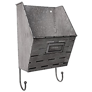 Red Co. 7.5” x 13” Galvanized Metal Wall-Mounted Pocket Organizer with 2 Hooks, Distressed Gray