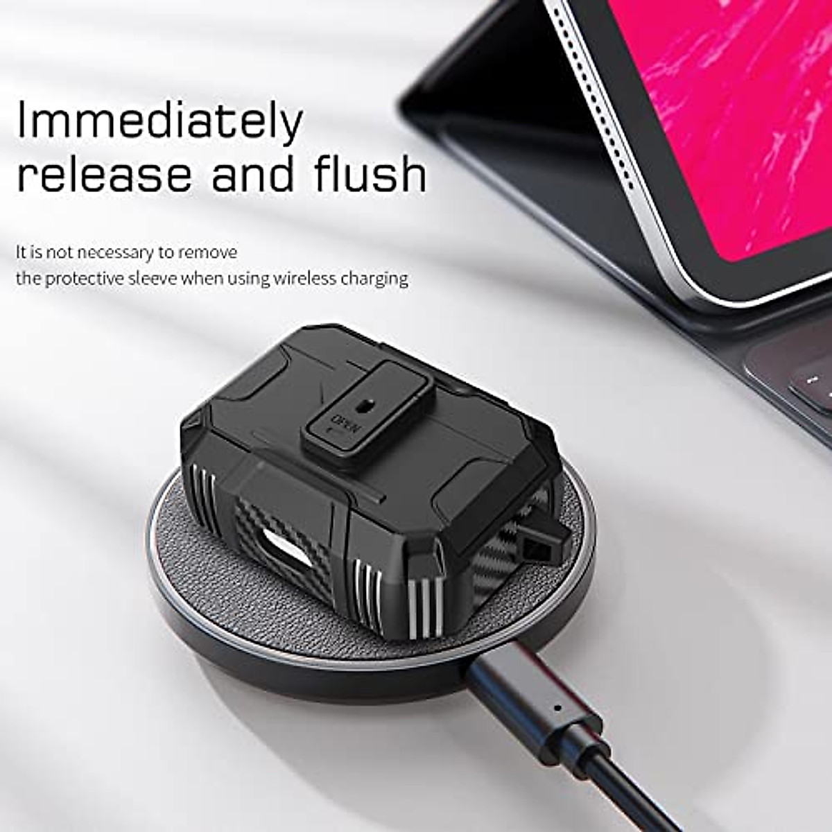 ZenRich One Key Pop-up Airpods Pro Case, zenrich Full-Body Hard Shell Protective Rugged Charging Cover Case with Keychain for AirPods, Front LED Visible,Black