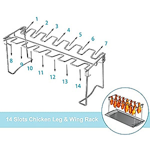 Chicken Leg Wing Rack 14 Slots with Stainless Steel Drumsticks Roaster Stand Drip Tray for Pellet Smoker Grill Accessories -Dishwasher Safe