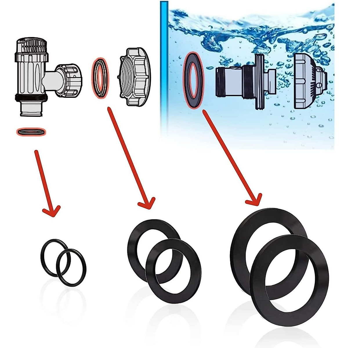 Bamkyait 25076RP Washer and Ring Kit for 1-1/2in Fittings, O-Ring Rubber Washer for Intex Pool Plunger Valves and Intex Replacement Gasket 10745, 10262 and 10255 (12 pcs)