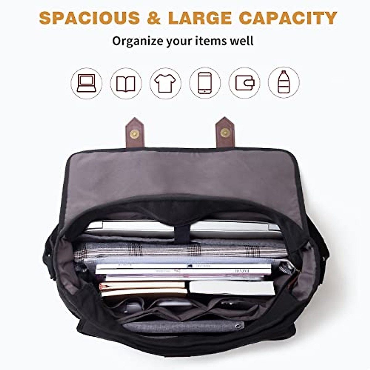 Celvetch Laptop Messenger Bag - PU Leather Briefcase for Men Canvas Shoulder Bag Computer Bag for Work Travel College - Black