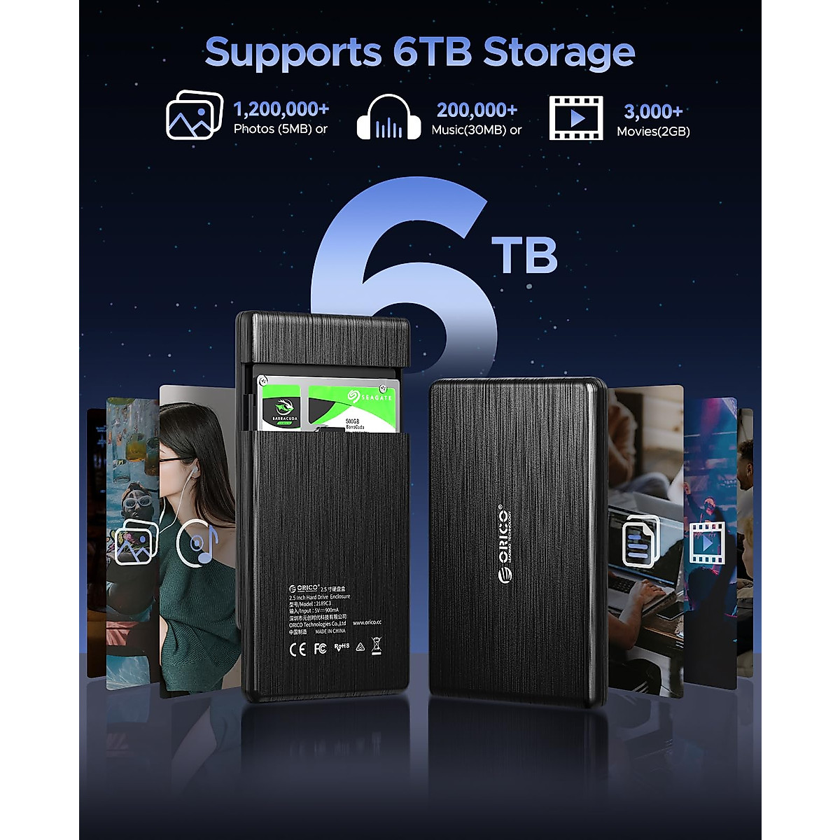 ORICO USB 3.0 to SATA III 2.5" External Hard Drive Enclosure for 2.5 Inch 7mm-9.5mm SATA HDD/SSD Tool Free [UASP Supported],Black(2189U3)