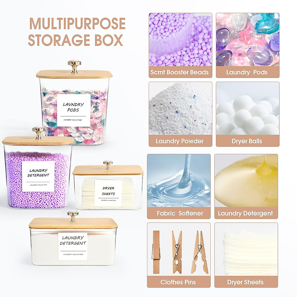 PLOUTA HOME 4 Pack Laundry Room Organization Storage Containers, Plastic Clear Laundry Pods Container & Dryer Sheet Holder Jars with Lids, Scoops & Labels for Detergent, Powder, Dryer Balls, Beads