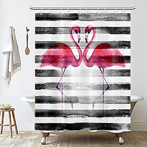 LB Cute Pink Flamingo Shower Curtain Black and White Striped Shower Curtain Set Simple Geometric Shower Curtains for Bathroom with Hooks,Waterproof Fabric 60x72inch