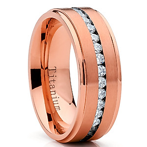 Metal Masters 7MM Men's Eternity Titanium Ring Rosegold-tone Wedding Band Cubic Zirconia CZ