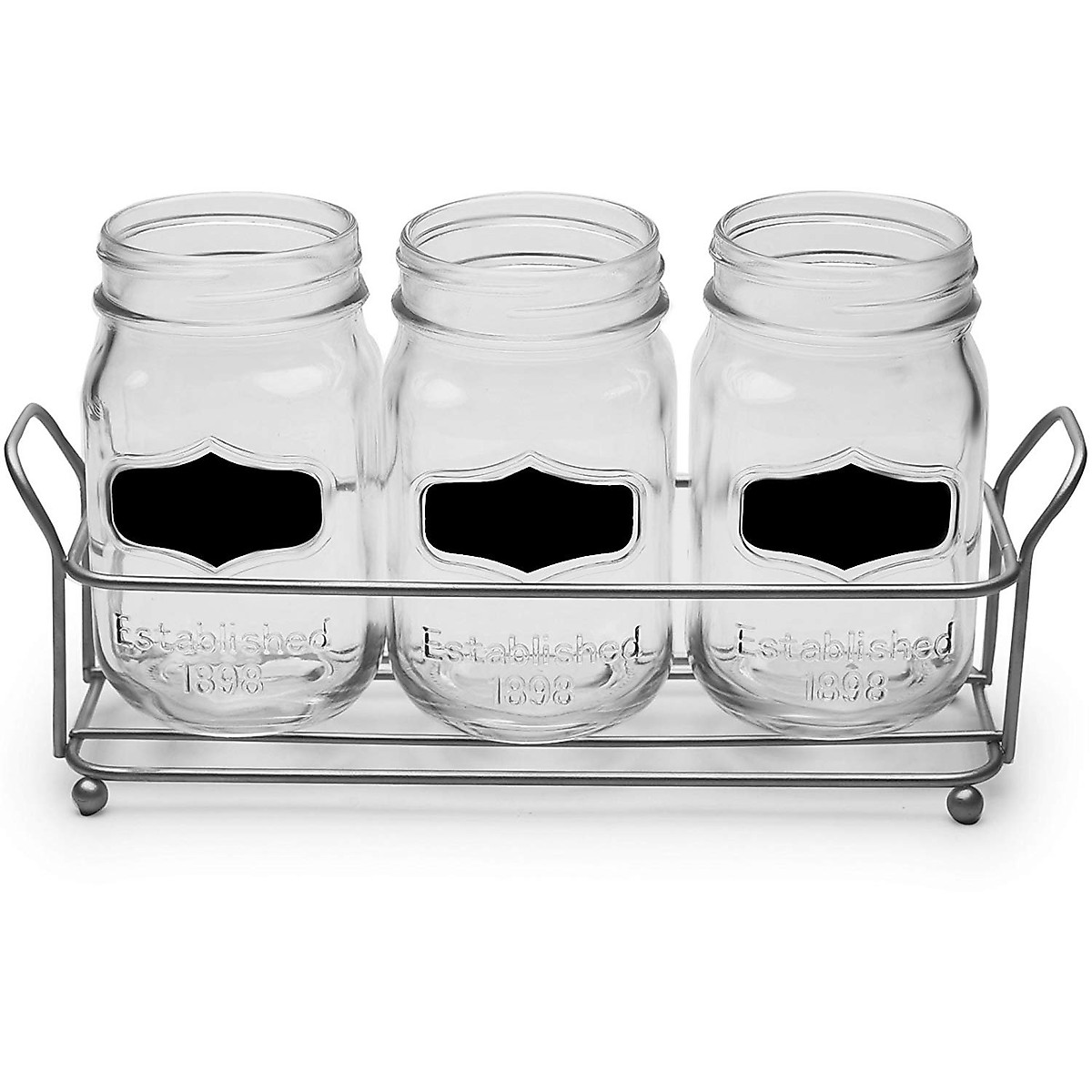 Circleware Chalkboard Mason Jar Glasses with Metal Holder Stand, Set of 4, Home & Kitchen Farmhouse Décor Drink Tumblers for Water, Beer and Beverages, 17 oz, 69075