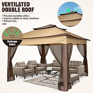 COBIZI Pop Up Gazebo Patio Gazebo 11x11 Outdoor Gazebo with Mosquito Netting Outdoor Canopy Shelter with Double Roof Ventiation 121 Square Feet of Shade for Lawn, Garden, Backyard and Deck, Brown