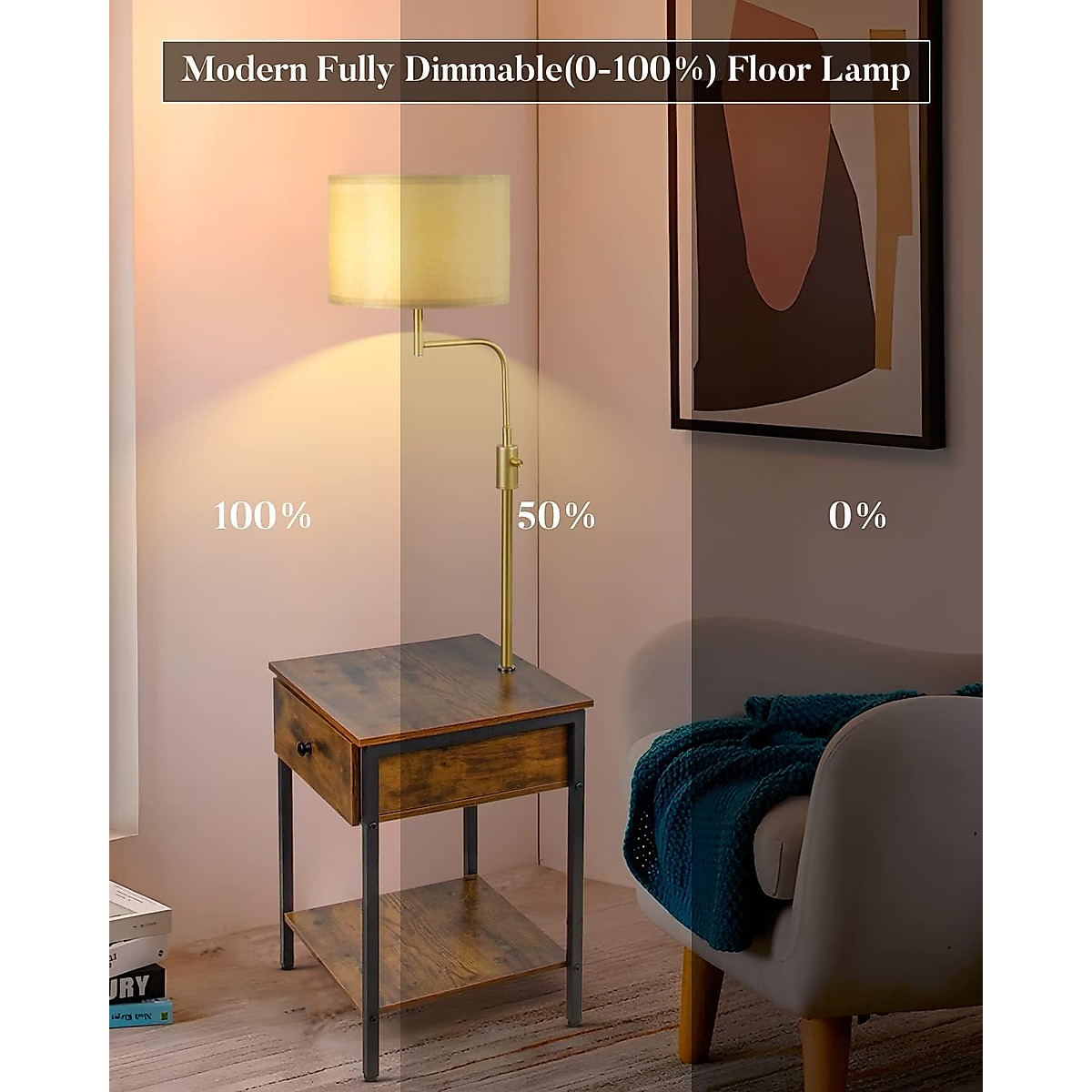 bulbeats 54IN Side End Table with Lamp Attached, Dimmable (Brightness Adjustable) Floor Lamp with Drawer and Shelf, 3000K E26 Bulb Included, 300° Rotatable Standing Lamp for Living Room Bedroom