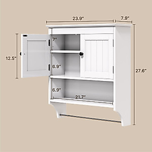 Bealife Bathroom Wall Cabinet with Towels Bar, Wall Mounted Medicine Cabinet with 2 Door and Adjustable Shelves, Space Saver Over Toilet Storage Cabinet for Bathroom Laundry Room Kitchen, White