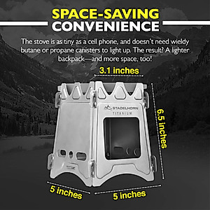 STADELHORN Titanium Minimalist Wood Stove Ultralight 100% Pure Titanium Portable & Foldable for Camping, Backpacking, Hiking, and Bushcraft Survival. Stronger and Lighter vs Steel, weighs only 7.3 oz.