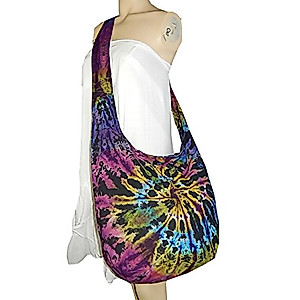 BTP! Tie Dye Sling Crossbody Shoulder Bag Purse Hippie Hobo Cotton Bohemian Colorful Firework, Random Spiral Dark Tone, Large
