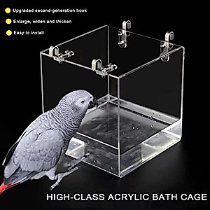 Xxmbbjy Hanging Cube Bird Bath Cage, Transparent Bird Bathtub Bath Shower with Stainless Steel Hooks for Small Bird Canary Parakeet Budgerigar Parrots Crested Myna Cockatiel Lovebird (Large)