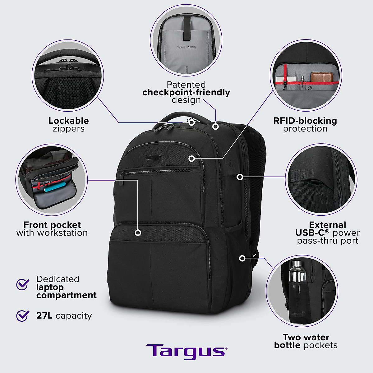 Targus Classic Commuter Laptop Backpack for 15.6-Inch Laptops, Lightweight and Durable Travel Backpack with Padded Compartment, RFID Protection, and TSA-Friendly Design, Black (TBB627GL)