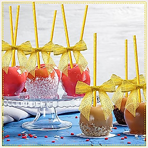 200 Cake Pop Sticks and Bows Kit for Cake Pops, Candies, Lollipops, Chocolates and Cookies Decorating, Include 100 Satin Ribbon Twist Tie Bows and 100 Paper Striped Straws for Party Supplies (Gold)