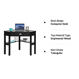 Corner Desk Corner Computer Desk with Drawer for Small Space Makeup Vanity Desk 90 Degrees Triangle Corner Desk with Storage Shelves, Home Office Workstation for Living Room, or Bedroom (Black)