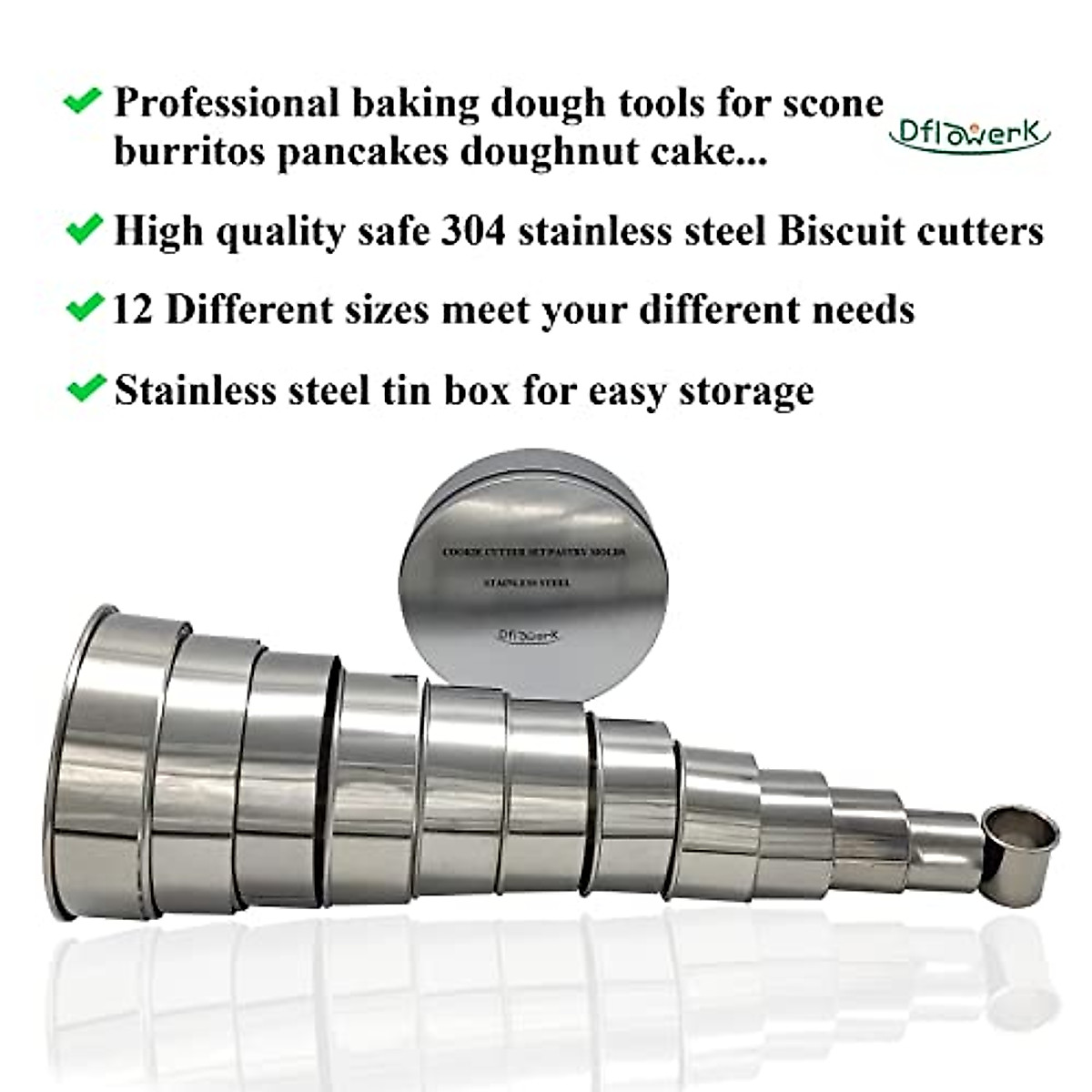 DflowerK Cookie Cutter Set Circle Cookie Cutters 12 Round Biscuit Pastry Cutter 304 Stainless Steel Ring Baking Mold for Dough Donut Scone (Plain Edge)