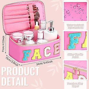 Sanwuta 4 Pcs Chenille Letter Makeup Bag Preppy Patch Cosmetic Bag Nylon Makeup Pouch Portable Travel Large Stuff Bag Toiletry Storage Bag with Zipper and Handle (Pink, Blue, Black, Beige)