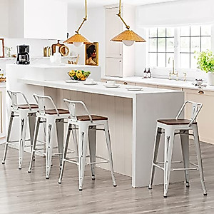 Andeworld Bar Stools Set of 4 Counter Height Stools Industrial Metal Barstools with Wooden Seats(30 Inch, Distressed White)