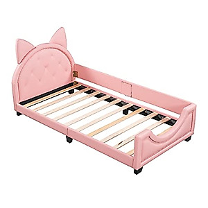 Mancofy Twin Size Cute Upholstered Daybed with Carton Ears Shaped Headboard, Wooden Twin Platform Bed Frame for Girls Boys, PU Leather Sofa Bed, Low Profile Single Bed (Triangular Ears Pink)