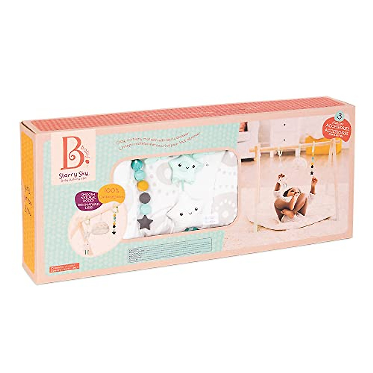 B. toys – Wooden Baby Play Gym – Activity Mat – Starry Sky – 3 Hanging Sensory Toys – Organic Cotton – Natural Wood – Babies, Infants