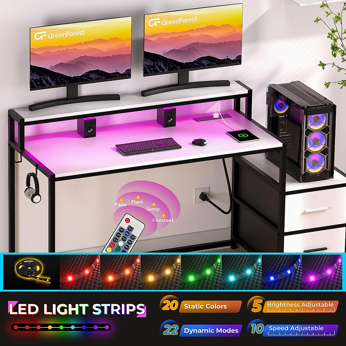 GreenForest Small Desk for Bedroom, 39.4 inch Computer Desk with 2 Drawers, Gaming Desk with LED Light and Power Outlet, Reversible Office Desk with Monitor Stand, Desk for Small Spaces, White