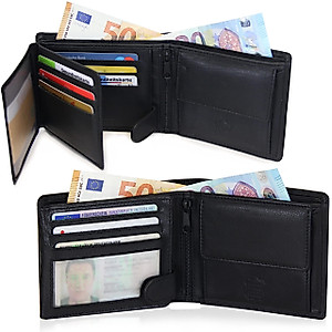 Frentree Mens Nappa Leather Wallet, 12 card slots Trifold with RFID Protection, landscape format Billfold, Black