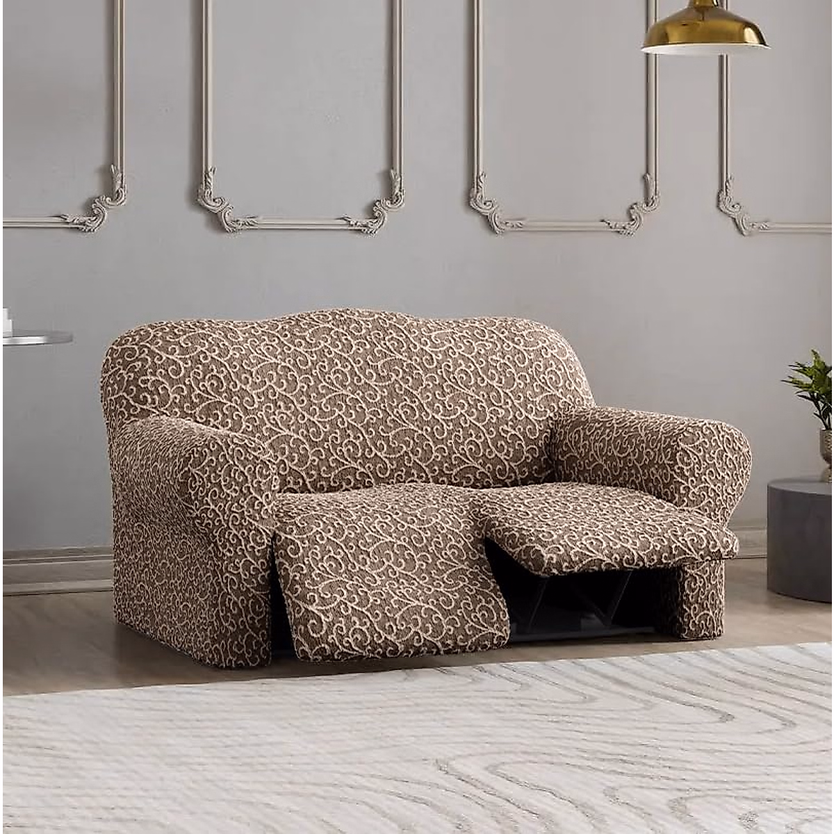 PAULATO BY GA.I.CO. Recliner Loveseat Cover - Reclining Slipcover - Soft Fabric Slipcover - 1-Piece Form Fit Stretch Protector - Jacquard 3D - Reclining Loveseat - Brown Arabesco (Recliner Cover)