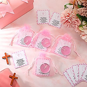 50 Sets Baby Shower Favors 50 Pcs Tea Light Candles for Guests Baby Shower Decoration with 50 Greeting Cards and Organza Bags for Boys Girls Guests Baby Shower Favors Gender Reveal (Pink)