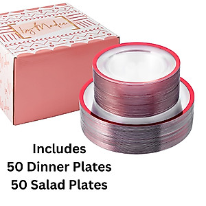 By Madee HEAVYWEIGHT 100 Pc Clear and Red Party Plates | Includes 50 Dinner & 50 Dessert Plates (50 Guests)