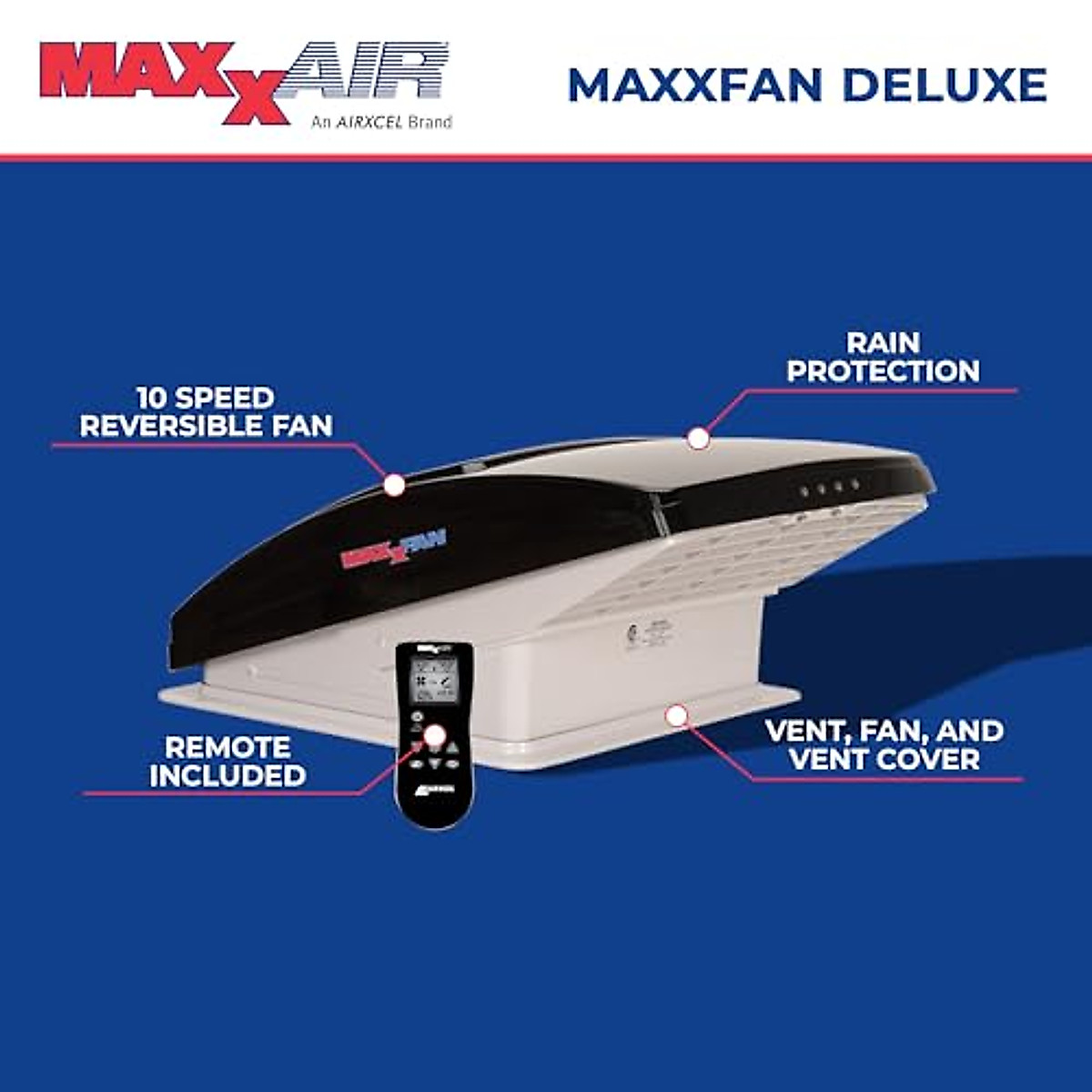 MAXXAIR Maxxfan Deluxe Vent, Fan and Vent Cover All in One - Powerful 4-Speed Reversible Fan with Thermostat, Built-in Rain Cover, Exhuast Air Only, Fits 14"x14" Roof Openings, Smoke (00-06401K)