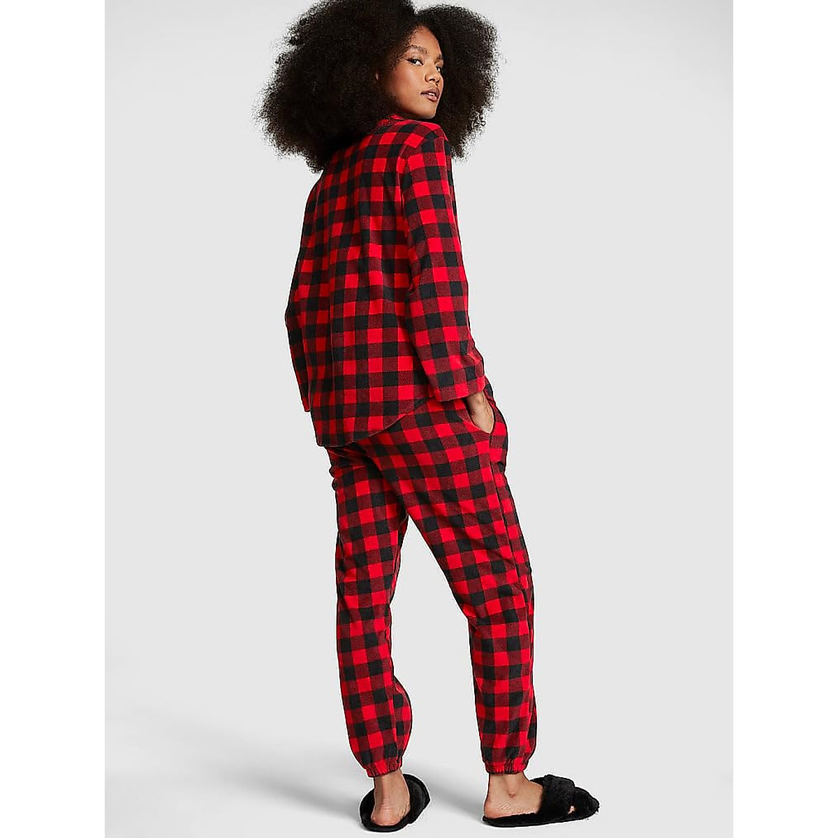Victoria's Secret PINK Polar Fleece Jogger Pajama Set, PJ Set for Women, 2 Piece Lounge Set PJs, Flannel Pajamas Women, Women's Sleepwear, Red (XL)