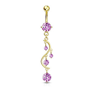 Forbidden Body Jewelry 14kt Gold Plated Surgical Steel Fancy Pink CZ Crystal Vine Drop Multi Gem Dangle Belly Button Ring