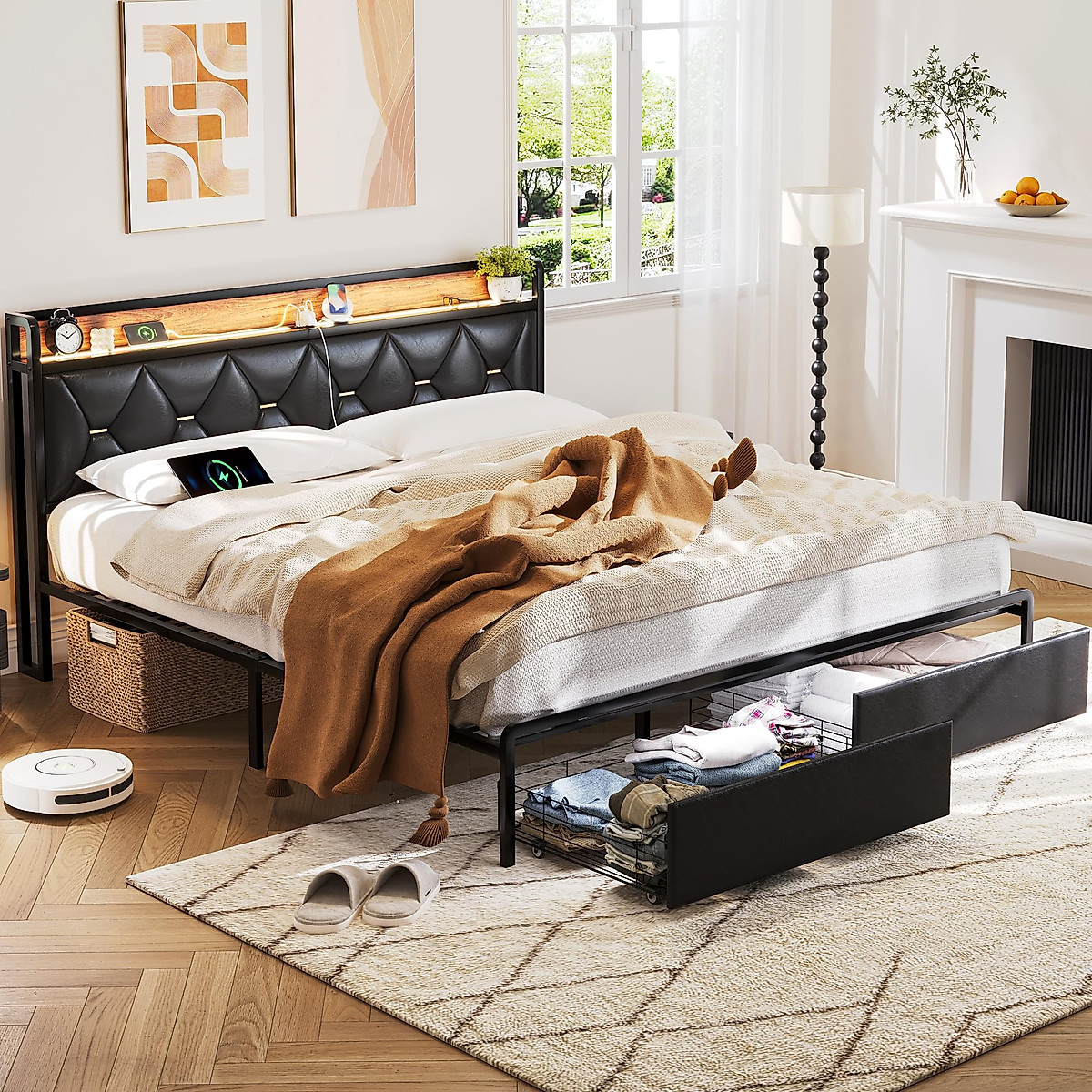 Ailisite King Size Bed Frame with Headboard and Storage Drawers, Black Upholstered Bed Frame King with Charging Station, Led King Platform Bed Frame Metal Bed Frame, No Box Spring Needed,Easy Assembly