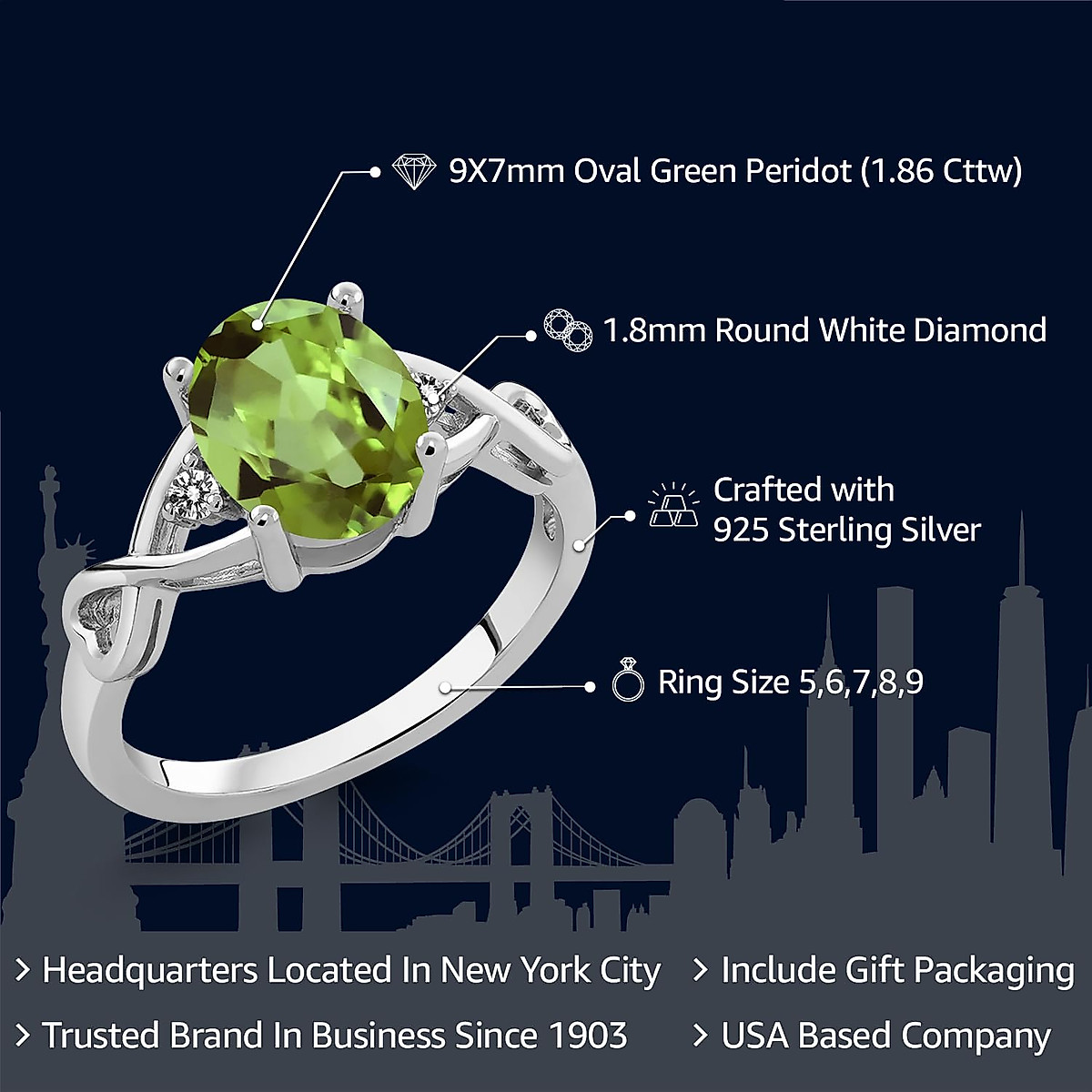 Gem Stone King 925 Sterling Silver Green Peridot and White Diamond 3 Stone Ring For Women (1.86 Cttw, Gemstone Birthstone, Available In Size 5, 6, 7, 8, 9)