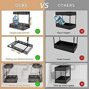 Adjustable Height Under Sink Organizers and Storage, Iirios 2 Pack Metal Slide Out Cabinet Organizer, Under Sink Shelf Cabinet Organizer with Hooks, Multi-Use for for Bathroom Kitchen Organization