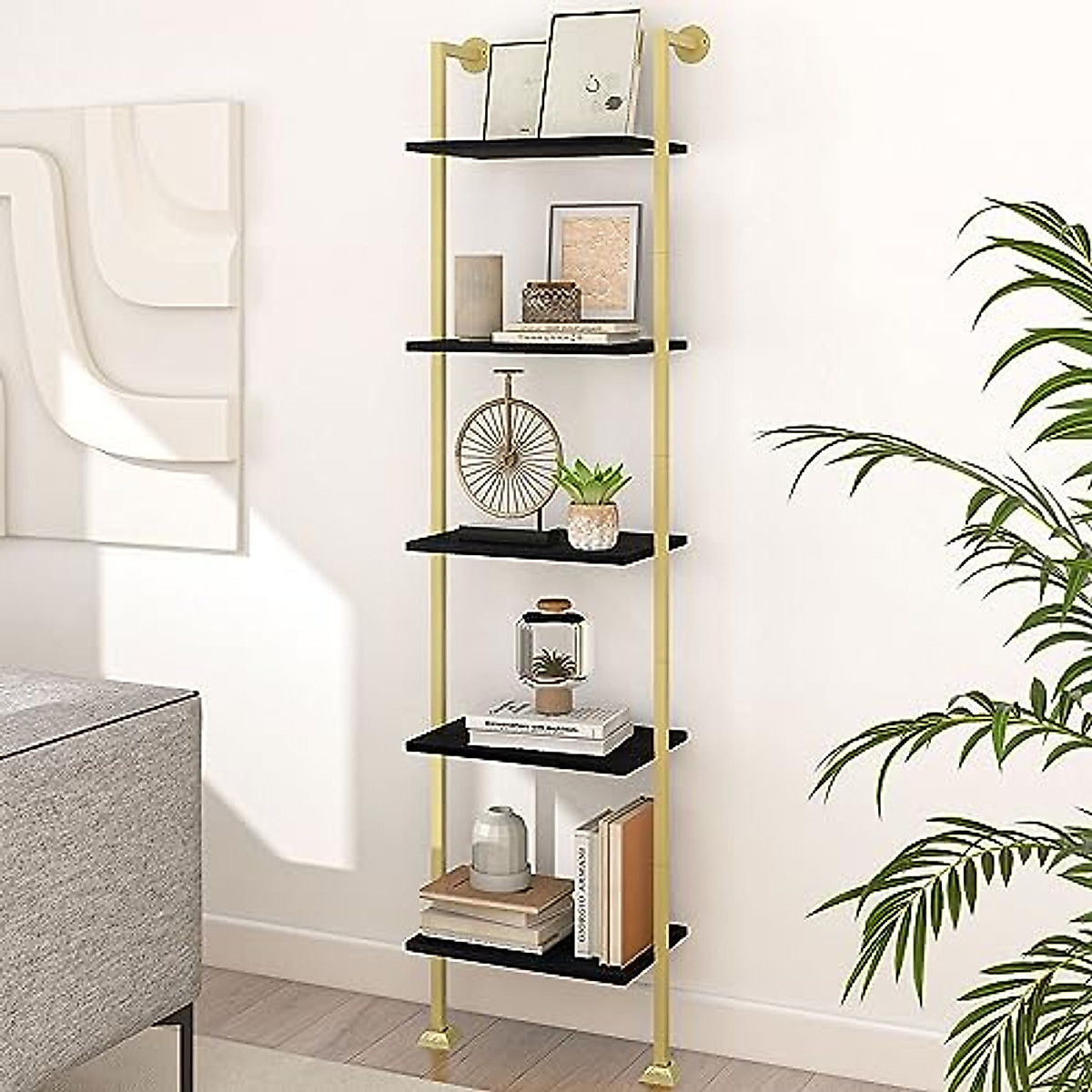 Axeman 5-Tier Ladder Bookcase, Tall Narrow Bookshelf for Small Spaces, Modern Book Storage Organizer Case Open Shelves for Bedroom, Living Room, Office, Library, Gold Metal Frame and Black Shelf