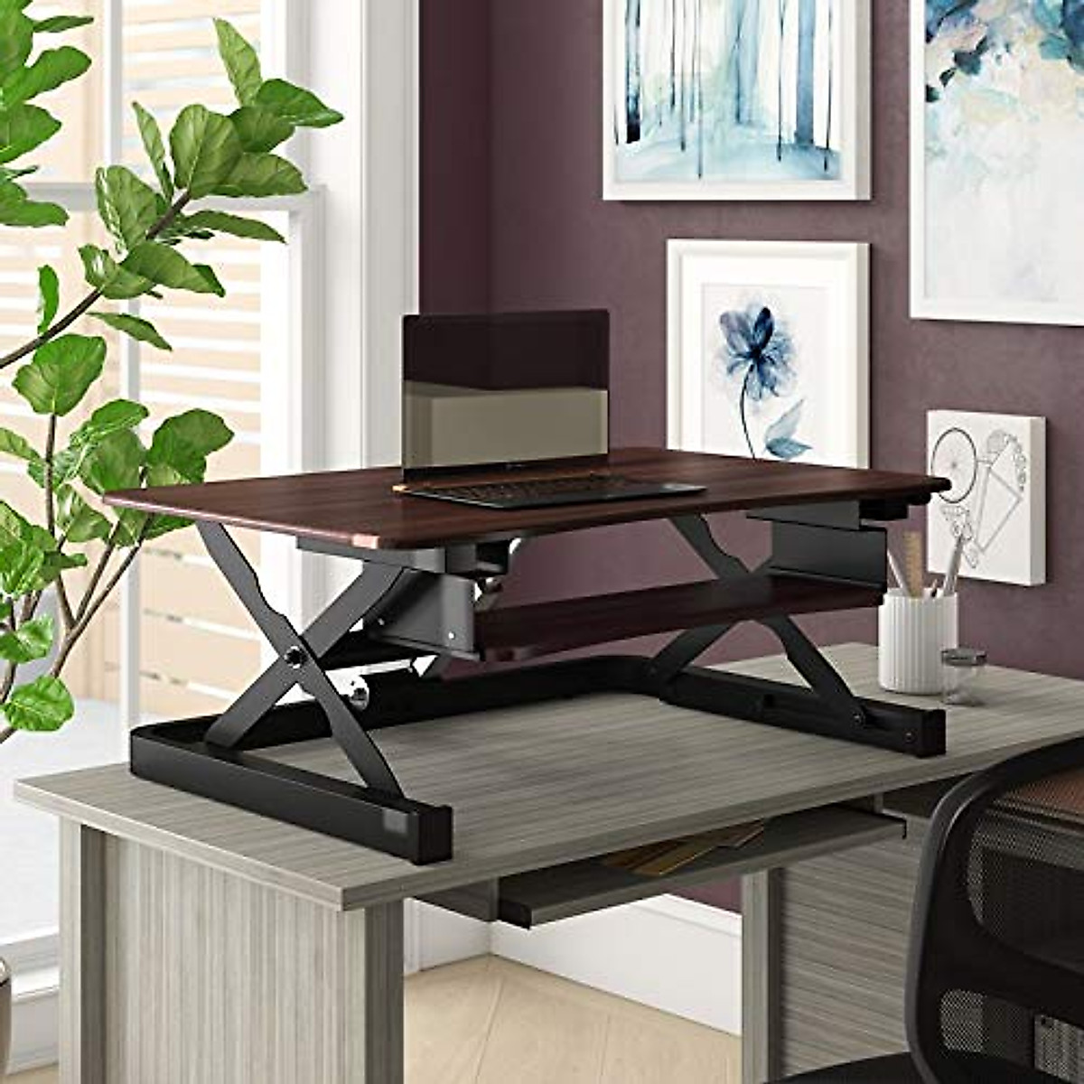 ApexDesk ZT Series Height Adjustable Sit to Stand Electric Desk Converter, 2-Tier Design with Large 36x24 Upper Work Surface and Lower Keyboard Tray Deck (Electric Riser, Walnut)