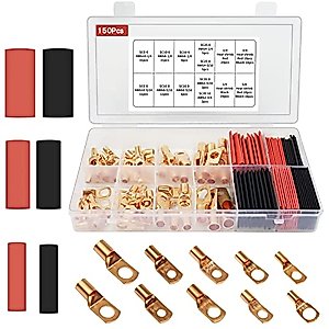 150Pcs Copper Wire Lugs, 70Pcs AWG 2 4 6 8 10 12 Battery Cable Lugs Battery Cable Ends Ring Terminals Connectors with 80pcs Heat Shrink Tubing