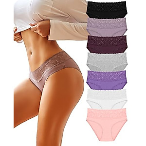 Knowyou Cotton Underwear Cheeky Panties for Women - Lace Waist Bikinis Breathable Hipster 7 Pack