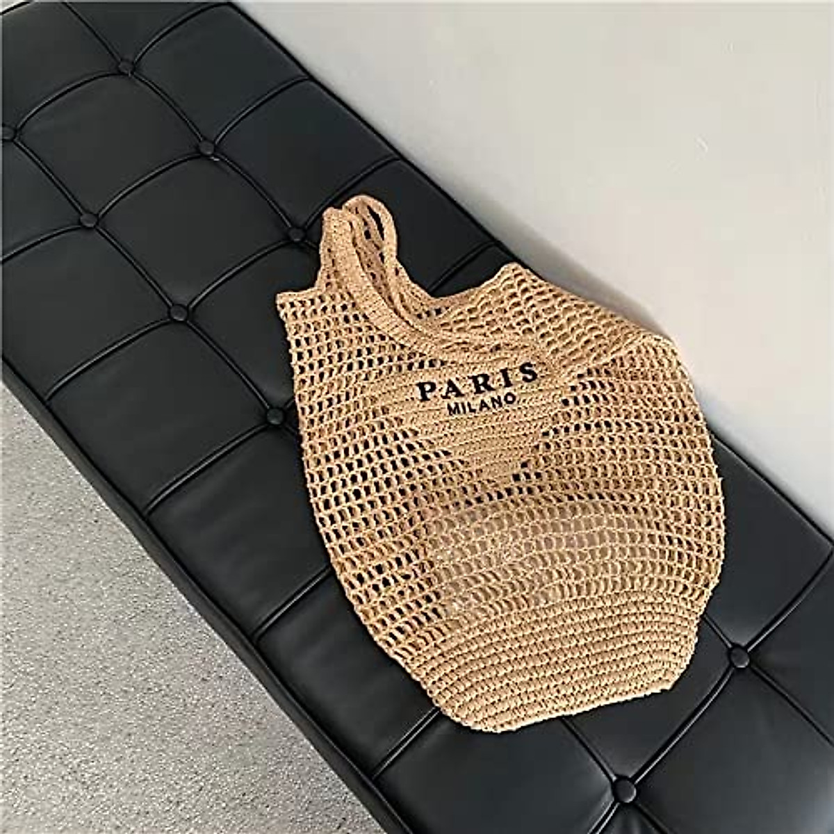 New Woven Bag, Straw Mesh Tote Bag, Beach, Shoulder Bag, Hobo Women, Foldable Large Capacity, for Holiday, Picnic and Party. (Khaki)