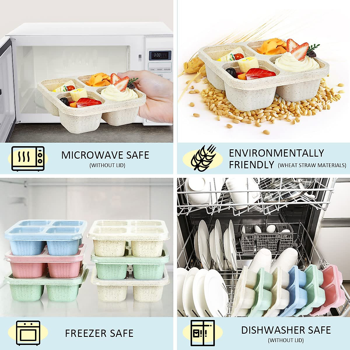 Korlon 6 Pack Snack Containers, 4 Compartments Snack Boxes for Kids, Wheat Straw Meal Prep Reusable Food Storage Lunch Containers for Adults & Kids