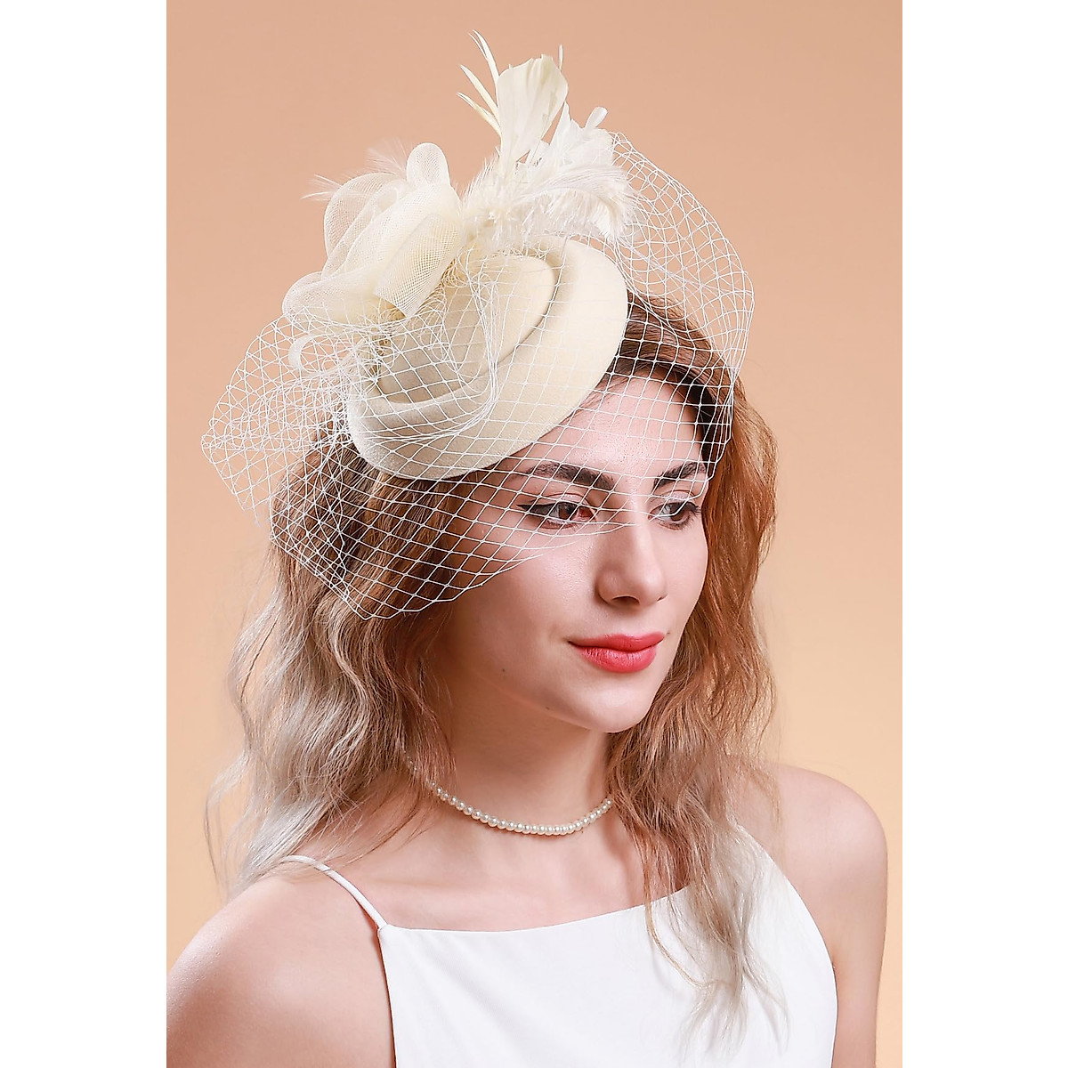 Cizoe Fascinators Hats 20s 50s Hat Pillbox Hat Cocktail FlowerTea Party Headwear with Veil for Girls and Women(Beige)