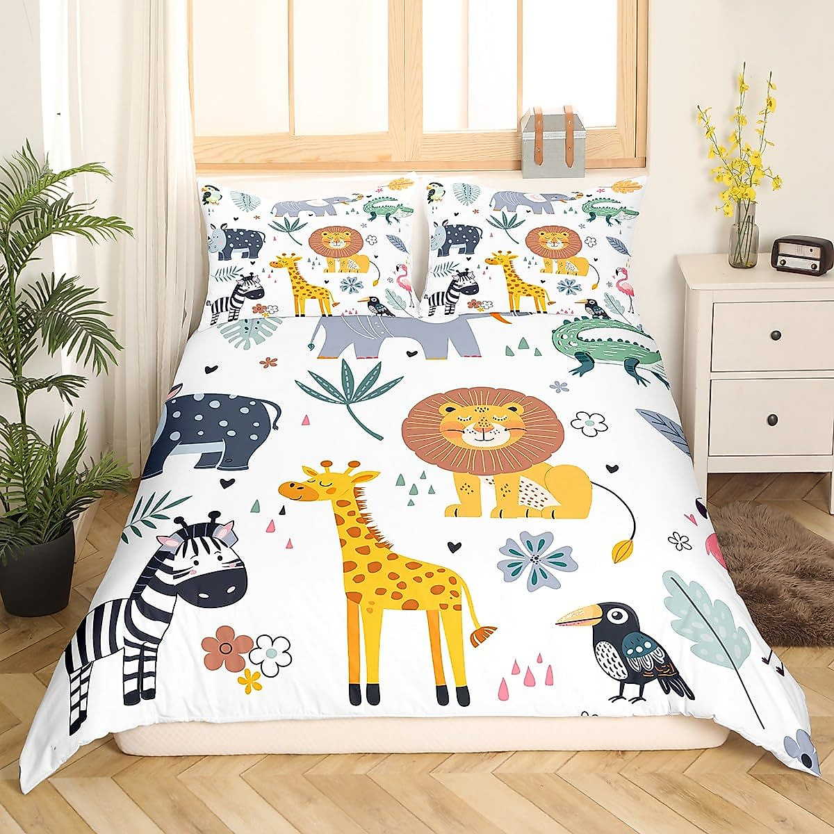 Kids Zoo Animal Duvet Cover Cute Wild Animals Bedding Set Cartoon Safari Wild Print Comforter Cover for Boys Girls Children Teens Bedroom Decor Exotic Natural Theme Bedspread Cover Full Size
