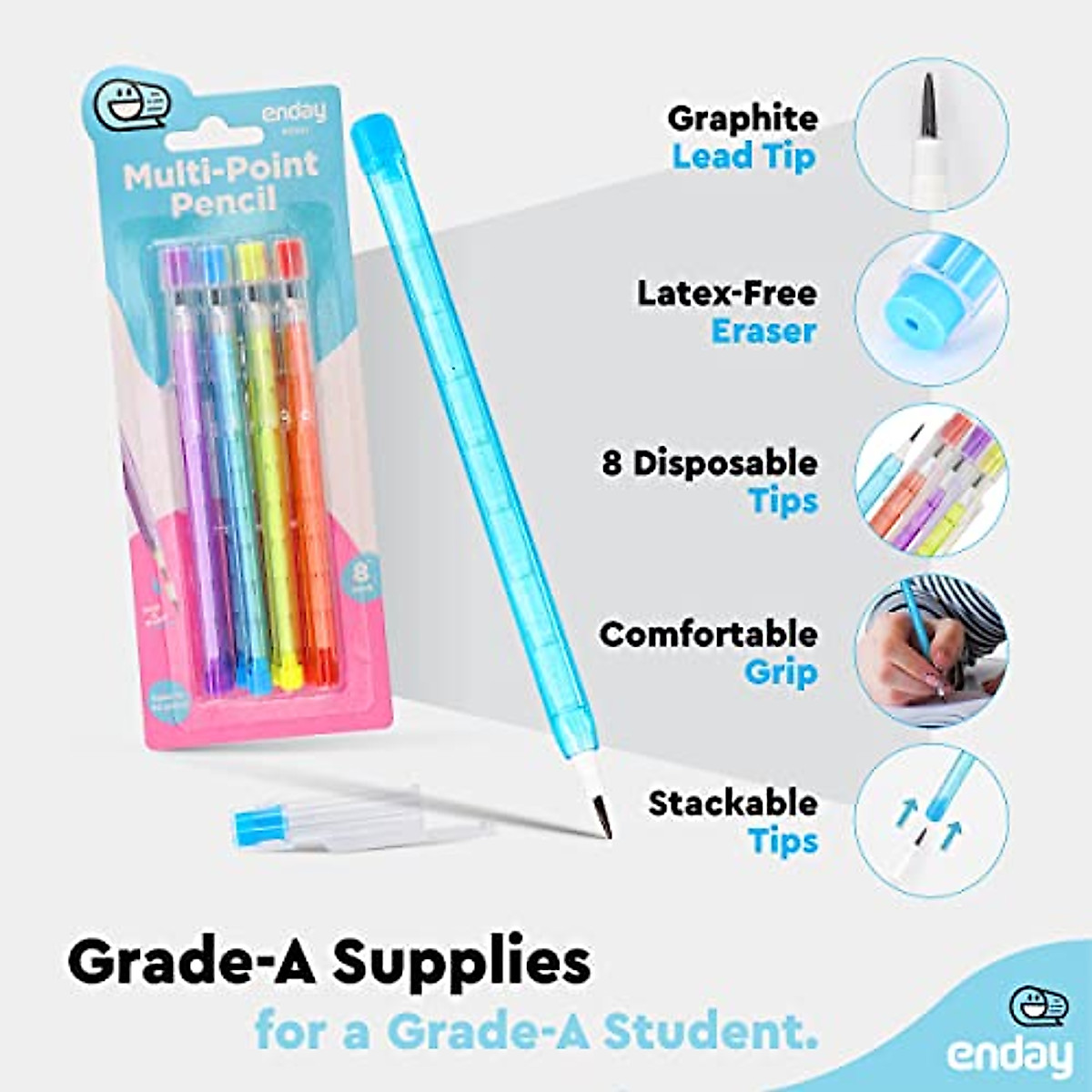 Emraw No 2 HB Translucent Pencils Multipoint Non-Sharpening Stackable Pencil with Matching Eraser (Pack of 16) - for Girls, Kids, Students, Teachers, Office