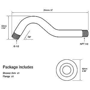 8 Inch S-Shape Curved Shower Arm with Flange Stainless Steel Shower Head Extension Replacement Pipe Arm,Wall Mounted,Brushed Nickel