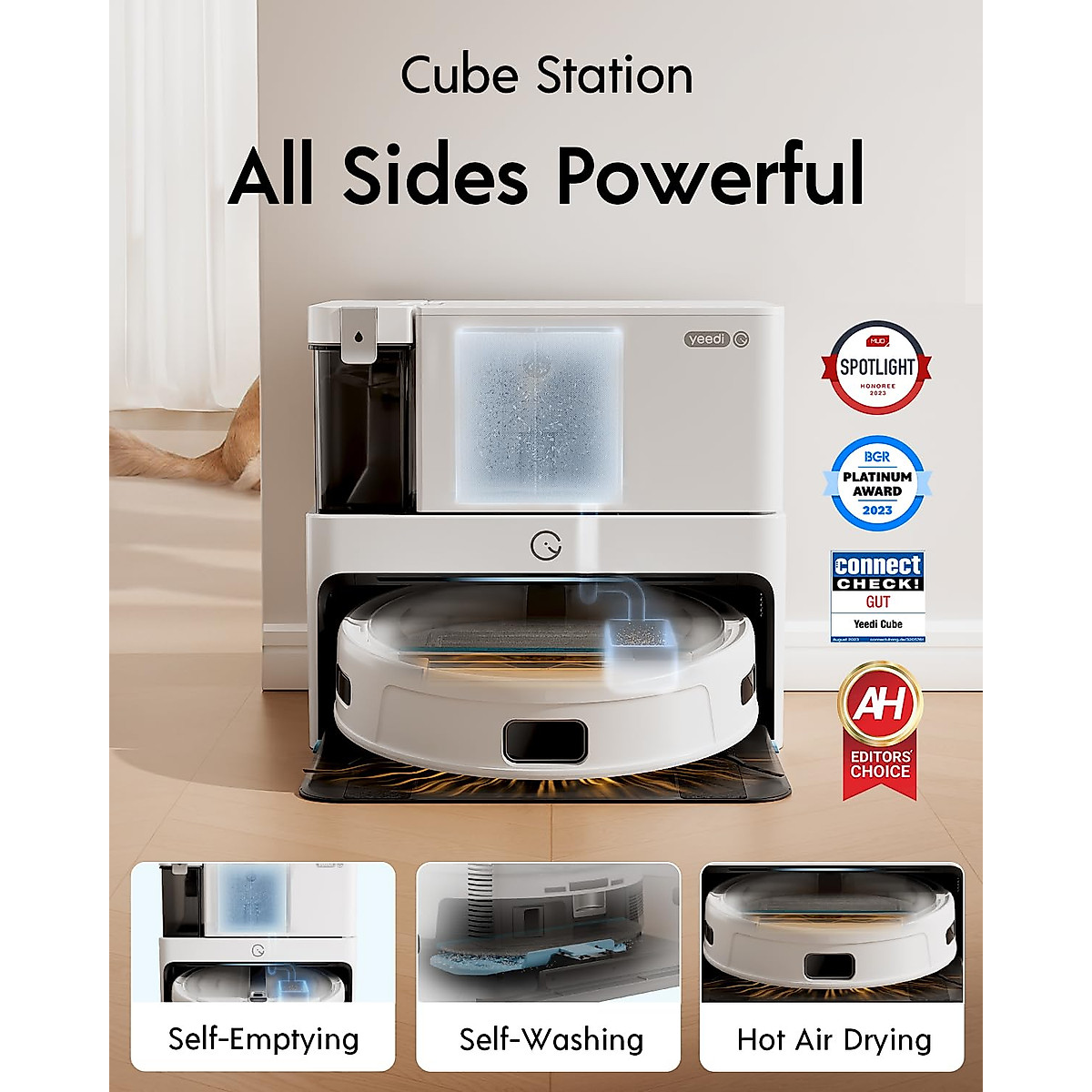 Yeedi Cube Robot Vacuum and Mop, Self Mop Drying and Washing, Self Emptying, 8mm Auto Mop Lifting, 2cm Obstacle Climbing, Sonic Mopping, 1L Water Tank, for Hard Floors, Carpet