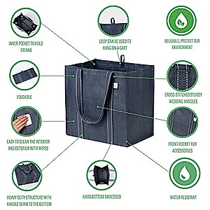 VENO 4 Pack Reusable Grocery Shopping Bag w/bottle holder, Hard bottom, Foldable, Multipurpose Heavy Duty Tote, Daily Utility bag, Stands Upright, Sustainable (Set of 4, Navy Blue)