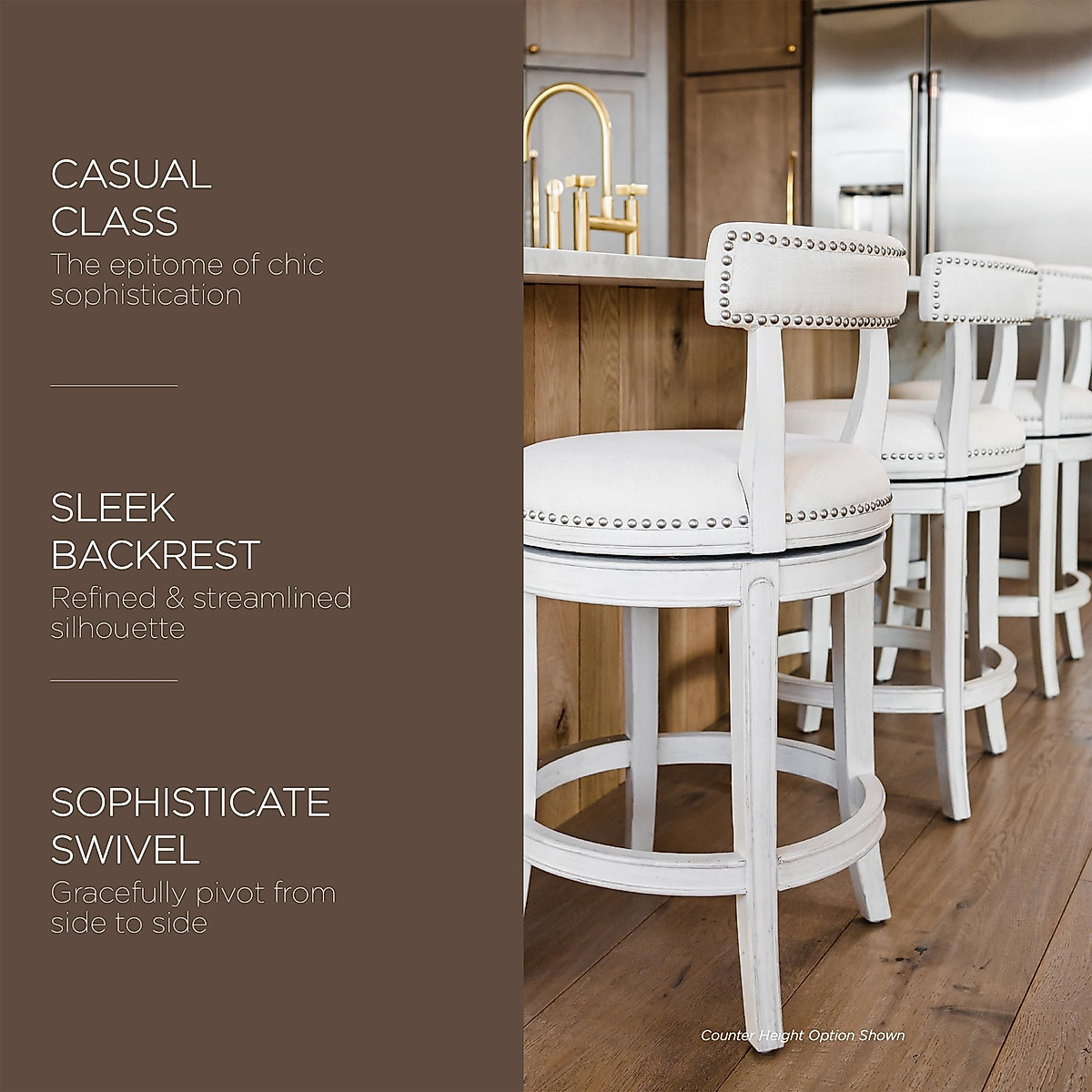 Maven Lane Alexander 31 Inch Tall Bar Height Rotating Low Back Barstool in White Oak Finish with Natural Color Fabric Upholstery Seat