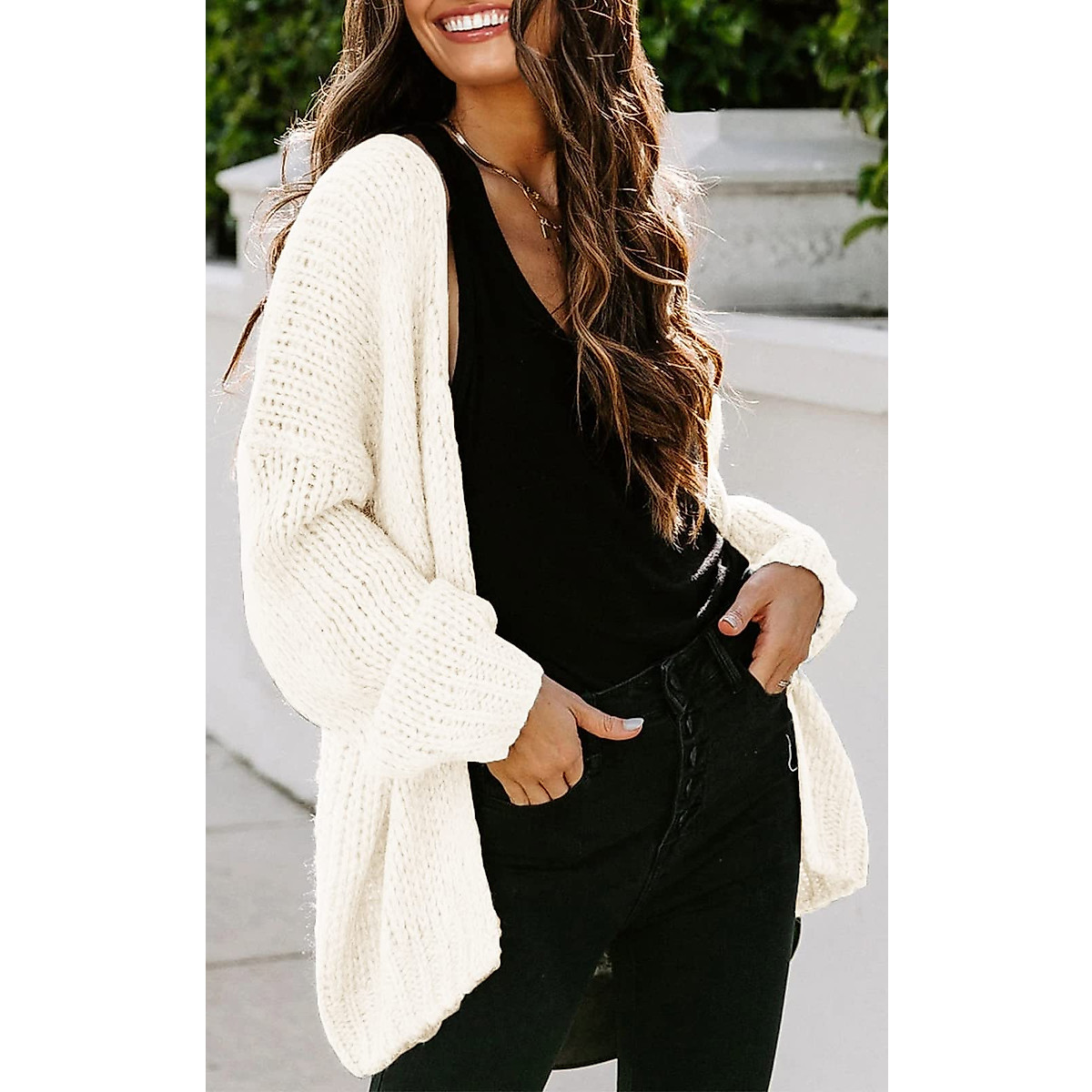 PRETTYGARDEN Womens Cardigan for Women Dressy，Chunky Knit Sweater Open Front Oversized Long Cardigan Outwear Coat (White, Small)